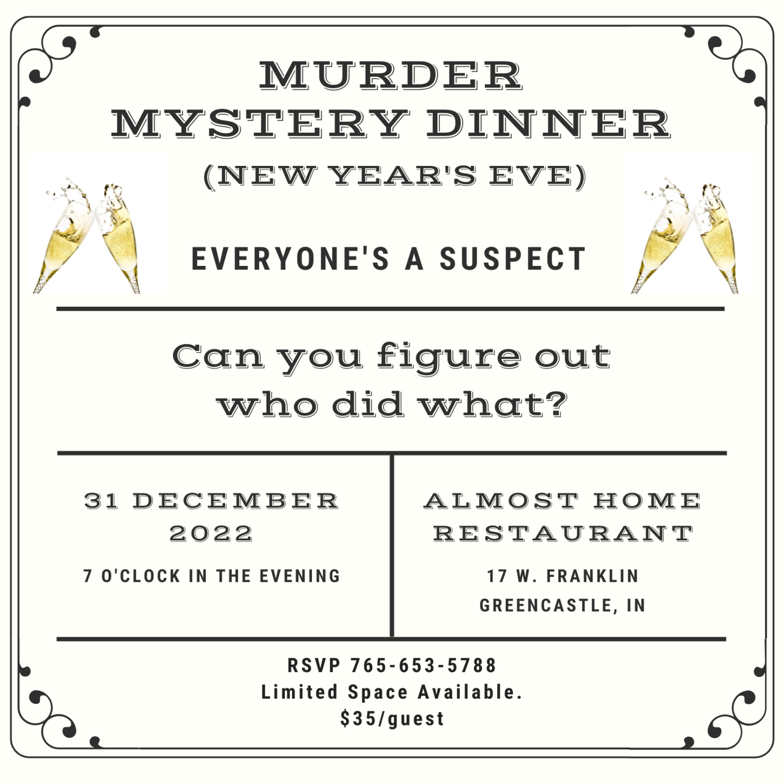 New Year's Eve Murder Mystery Dinner! - Almost Home